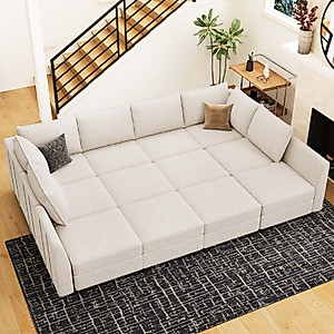 Uteeran Oversized Modular Sectional Sofa Chenille Sleeper Couch with Storage Sectional Sofa Bed for Living Room, 12 Seats, Beige