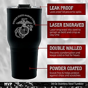 Military Gift Shop 30 oz USMC Coffee Travel Mug | Double Wall Vacuum Insulated Coffee Tumbler | Stainless Steel Coffee Mug With Lid & Straw