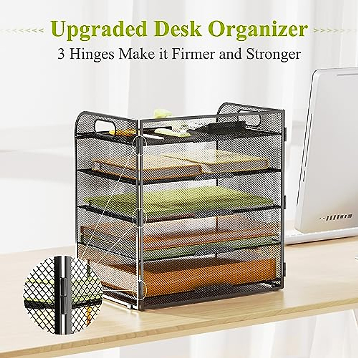 5 Tier Paper Letter Tray Organizer with Handles, VIEERINN Mesh Desk File Organizer Metal Paper Sorter Holder, Desktop Document Shelf Tray Storage Organization for Office School Home