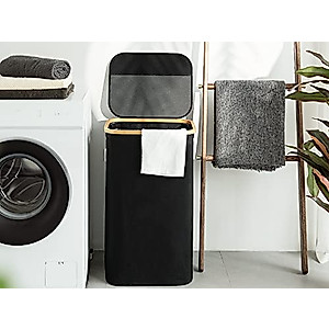 StorageWorks Large Laundry Hamper with Lid, 100L Tall Laundry Basket with Bamboo Handles and 2 Removable Inner Bag, Collapsible Laundry Hamper for Clothing, Toys, Towels, Black, 1-Pack