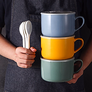 Wareland Soup Bowls with Handles & Spoons, 30oz Ceramic Ramen Bowl with Lid, Large Soup Mugs/Cups for Instant Noodle, Big Cereal Bowls for Oatmeal, Soup Containers with Lids, Set of 2, Sky Blue