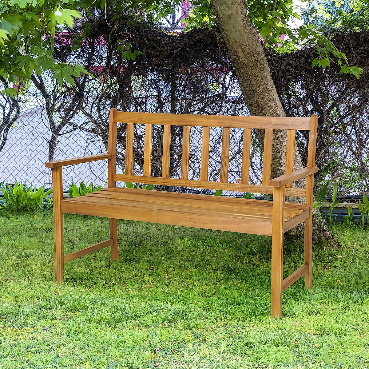 Tangkula Outdoor Acacia Wood Bench, 2-Person Garden Bench with Backrest and Armrests, Garden Bench with Slatted Seat for Porch, Park, Backyard, 800 Lbs Max Load, 48” L x 22” W x 34” H, Natural