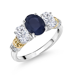 925 Sterling Silver and 10K Yellow Gold Oval Blue Sapphire White Moissanite and White Diamond 3 Stone Ring For Women (2.83 Cttw, Gemstone September Birthstone, Available In Size 5, 6, 7, 8, 9)