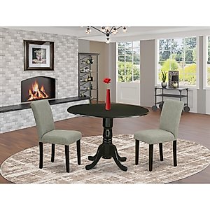 HomeStock Rococo Romance 3Pc Round 42" Dining Room Table with Two 9-Inch Drop Leaves and 2 Parson Chair with Black Leg and Linen Fabric Shitake