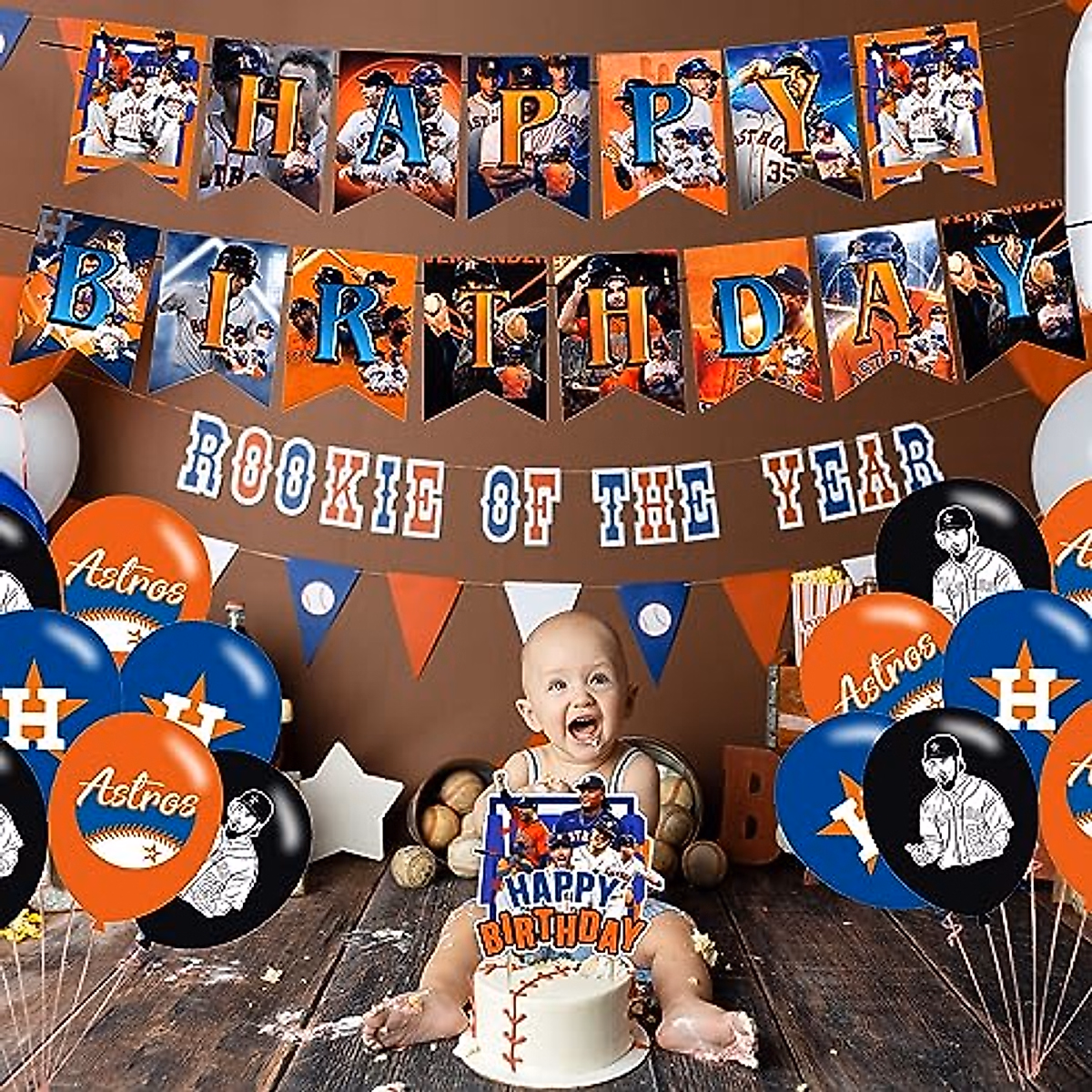 Astros Baseball Birthday Party Decorations ,Astros Baseball Birthday Party Favor with Banner, Ballons,Cake Topper, Cupcake Toppers for Boys Girls Fans Baseball Party Supplies