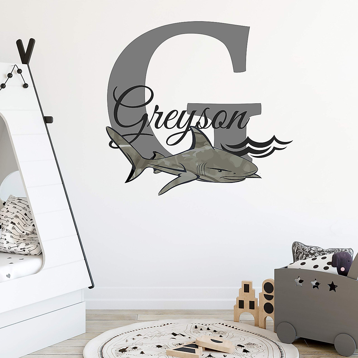Boys Nursery Baby Shark Beach Sea Theme Personalized Custom Name and Initial Decal Vinyl Wall Decal Wall Decor Wall Sticker (Medium)