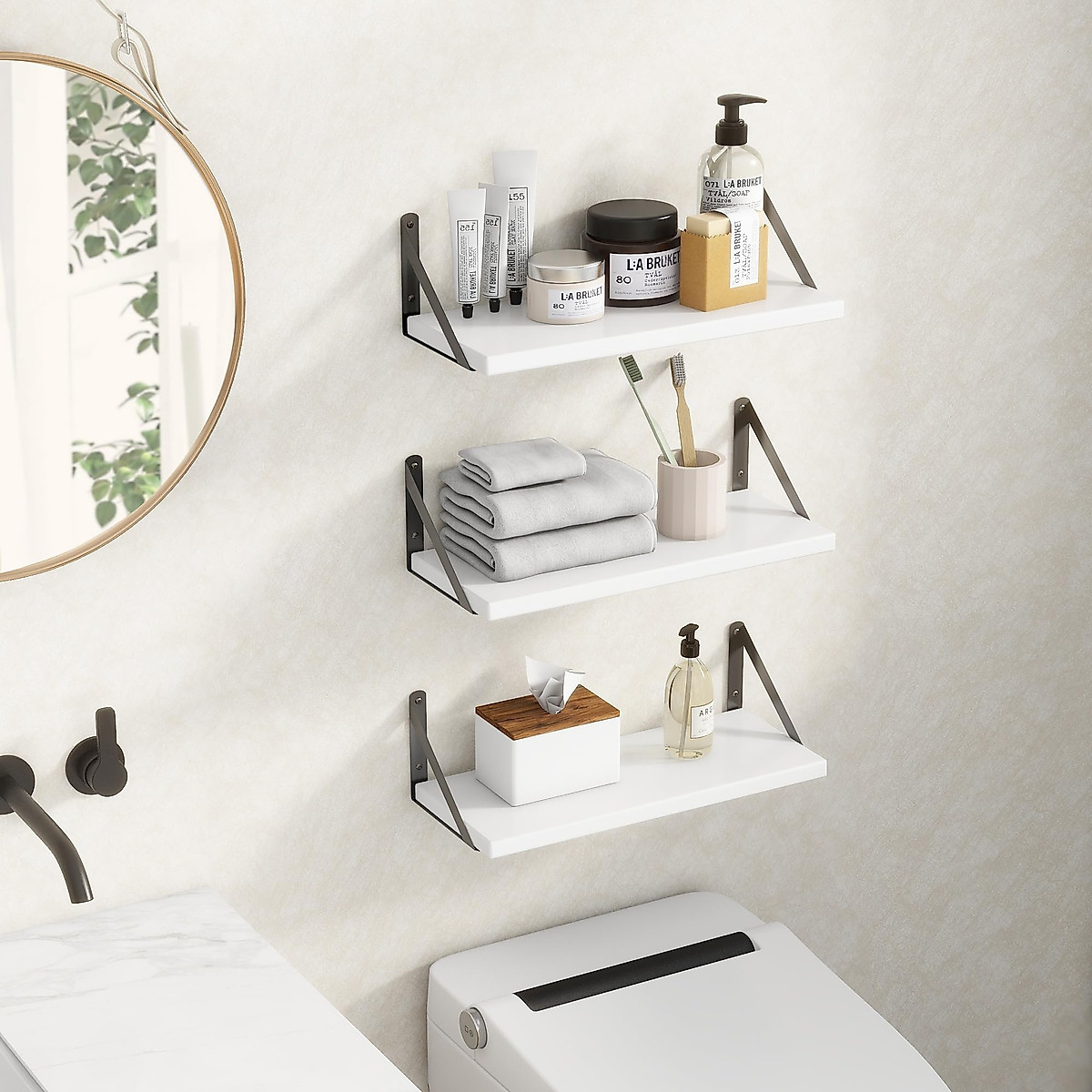 White Floating Shelves Set of 3 with Black Bracket, Wooden Wall Book Shelves, Wall Mounted Bathroom Shelves, Modern Storage Shelf Bathroom Organizer, Living Room, Kitchen, Office (16.5 inches Long)