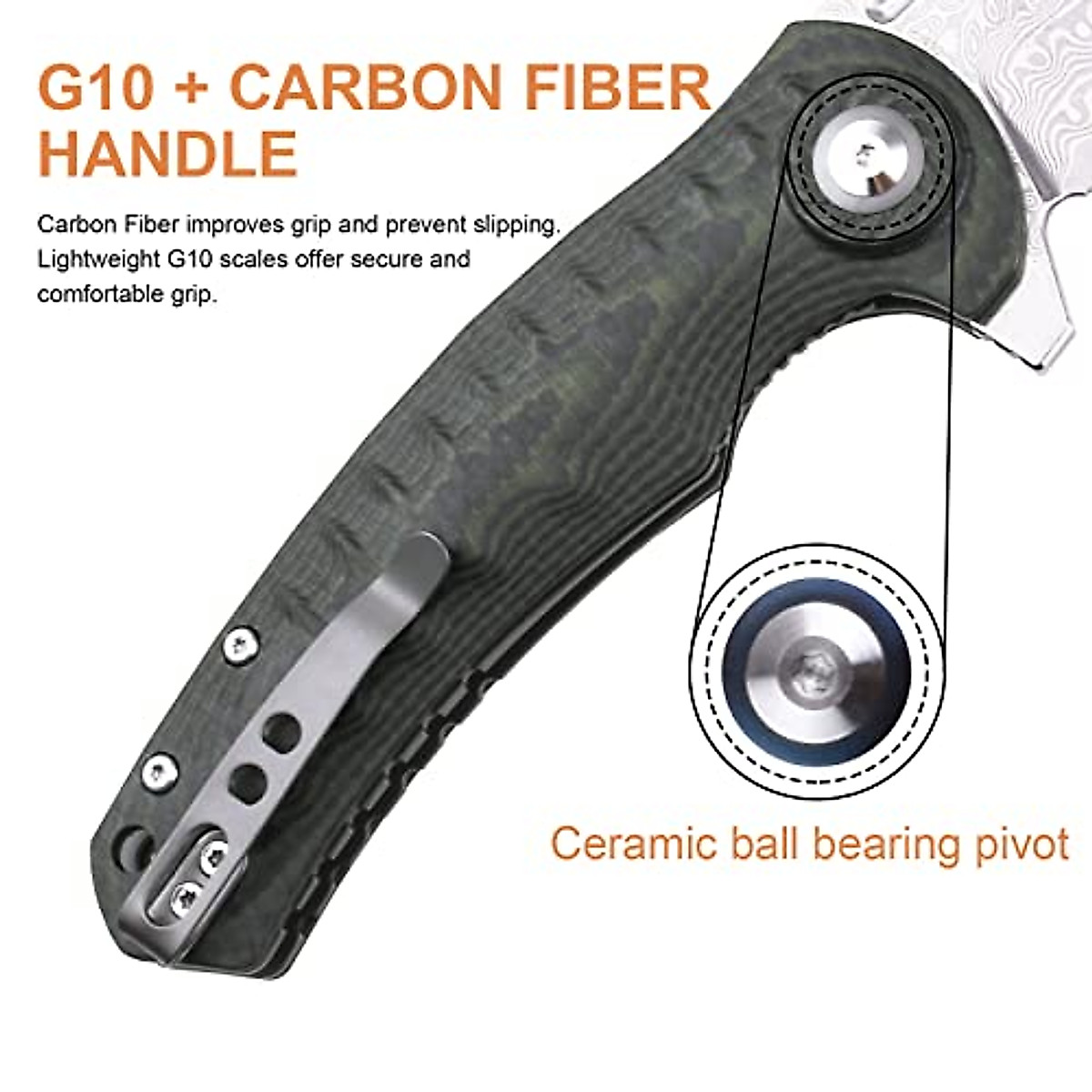 SHIELDON Tranchodon Damascus Pocket Knife with Clip, 3.66" VG10 Blade G10 Handle with Carbon Fiber Overlay, Liner Lock EDC Folding Knife