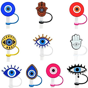 Silicone Evil Eye Straw Covers Cap 10 Pcs Reusable Drinking Straw Tips Lids Cute Straw Topper Dust-Proof Straw Plugs for 1/4inch(6-8mm) Straw Tips For Outdoor Home Kitchen Party Decor (Evil Eye)