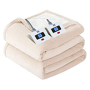 SEALY Electric Blanket Queen Size, Flannel & Sherpa Heated Blanket with 10 Heat Setting & 1-12 Hour Auto Shut Off, Fast Heating Blanket, Machine Washable, Beige, 84 x 90 Inch