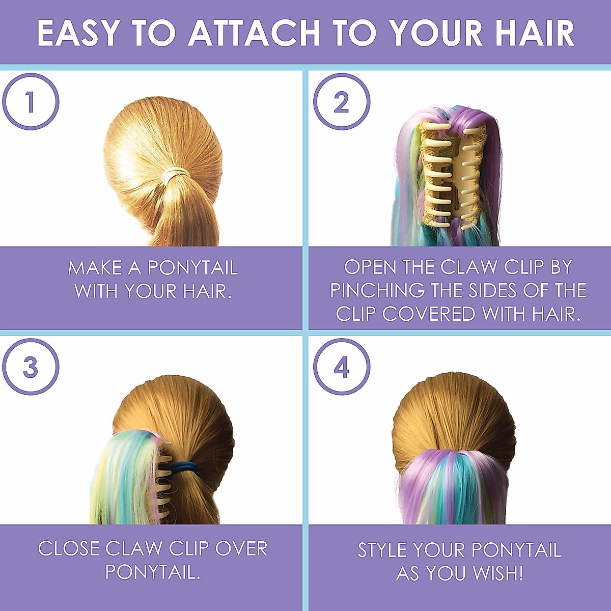 My Hair Popz Deluxe Synthetic Fiber Ponytail Hair Extensions | Heat and Tangle Resistant Colored Hair Extensions for Kids | Easy to Attach Ponytail for Child Friendly Use | Claw Clip | Unicorn