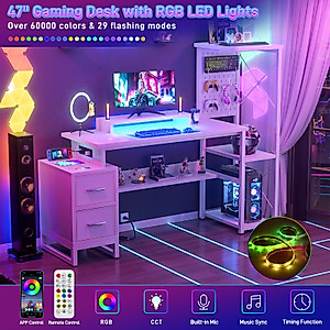 Computer Desk with 2 Fabric Drawers - Reversible Home Office Desk with Power Outlet & LED Lights, 53" Writing Desk with Monitor Stand & Storage Shelves, Gaming Desk Study Table with Pegboard, White