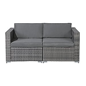 Patiorama Outdoor Wicker Loveseat 2 Pieces, All Weather Grey PE Rattan Sectional Corner Sofa Set, Additional Extra Chairs for Outdoor Sectional Sofa Set, Dark Grey Cushion