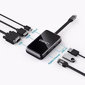 USB C Hub, LINKWIN 6 in 1 Tempered Glass USB C Multiport Adapter, USB C to HDMI, VGA, 2 USB 3.0 Ports, USB C Charging, RJ45 Gigabit Ethernet, USB C Dock Dongle Compatible Apple MacBook Pro 13 (Black)