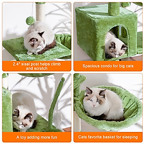 Heybly Cat Tree with Toy, Cat Tower condo for Indoor Cats, Cat House with Padded Plush Perch, Cozy Hammock and Sisal Scratching Posts, Green HCT004GR
