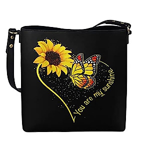 WELLFLYHOM Sunflower Butterfly Bucket Bags for Women Cross Body Purse Purple Shoulder Handbag Vintage Hobo Bags Work Satchel Trendy Tote Bag Travel Wallet Organizer with 3 Pockets