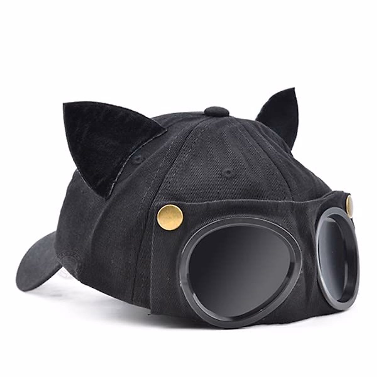 Retro Aviator Hat with Cat Ears Glasses Peaked Cap Sunglasses Baseball Cap Hip Hop Mask Black
