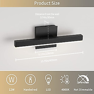 Joossnwell LED Bathroom Vanity Lighting Fixture Modern Bath Light Bar 15.75inch Black Wall Sconce 12W 4000K