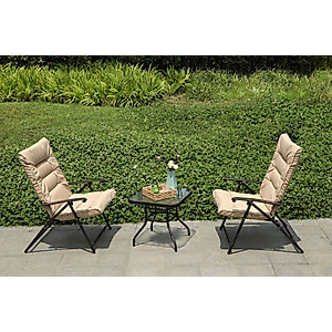 Sophia & William Padded Folding Chairs Set 3 PCS Outdoor Adjustable Patio Reclining Lounge Chairs Bistro Furniture Set with Table for Patio Balcony Porch Garden, Beige