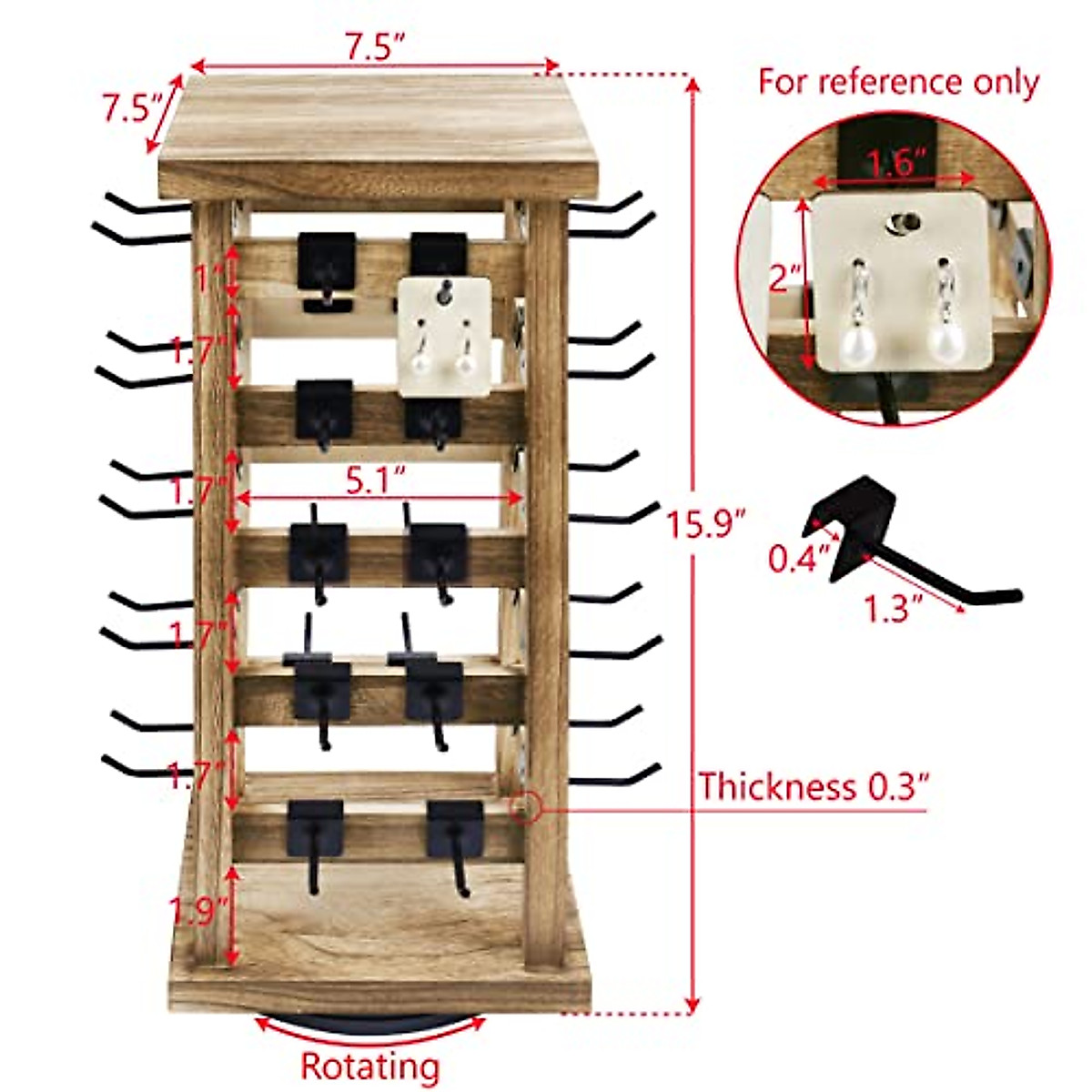 Ikee Design Natural Wood Rotating Jewelry Storage Display with 42 Hooks, Wooden Hanging Accessories Tower, Oak Color, 7.5" W x 7.5" D x 15.9" H