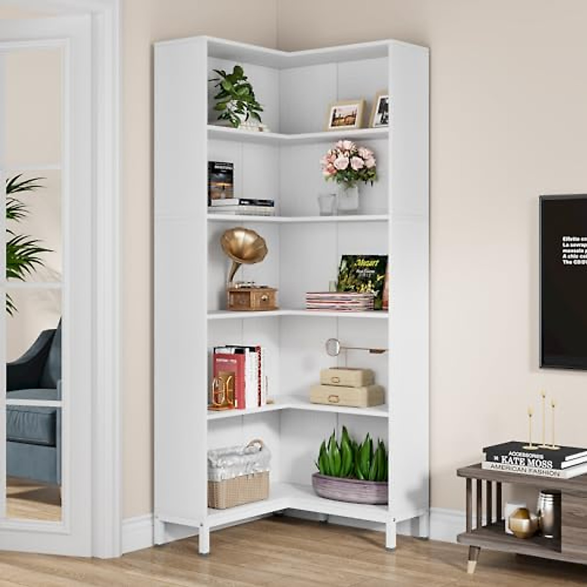 LITTLE TREE 70.8-in Tall Bookcase, 6-Tier White L-Shaped Bookshelf, Modern Corner Bookcase Bookshelf, Freestanding Display Storage Rack with Back Panel for Living Room, Bedroom