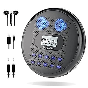 CD Player Portable, ARAFUNA Portable CD Player with Dual Stereo Speakers, Rechargeable CD Player for Car with Anti-Skip Protection, Walkman CD Player with Headphones and AUX Cable