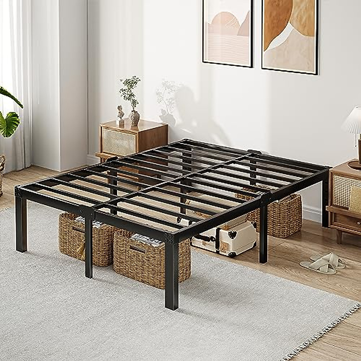 LIJQCI 14 inch Queen Bed Frame Metal Platform Frame no Box Spring Needed Black Heavy Duty Sturdy Steel Easy Assembly with Storage Sturdy Steel Slats Support 3500lbs