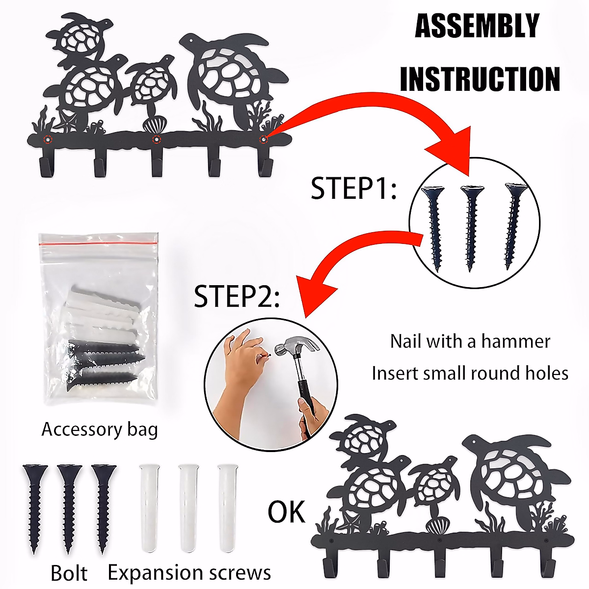 VIVICOMFY Metal Sea Turtle Coat Hooks Wall Mount-Sea Turtle hangers and Key Holder-Clothes Hat Rack and Backpack Hanger Decor for Storage, Living Room, Hallway, Office Gift (Black)