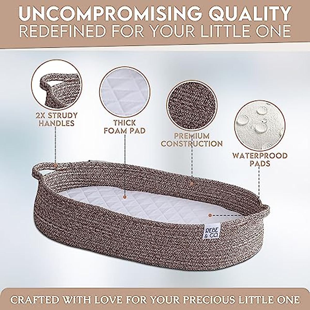 Baby Changing Basket for Baby Dresser, Foam Pad with Two Waterproof Covers, Includes Diaper Organizer, Table Moses, Changing Table Topper for Dresser Boho by REBE & CO