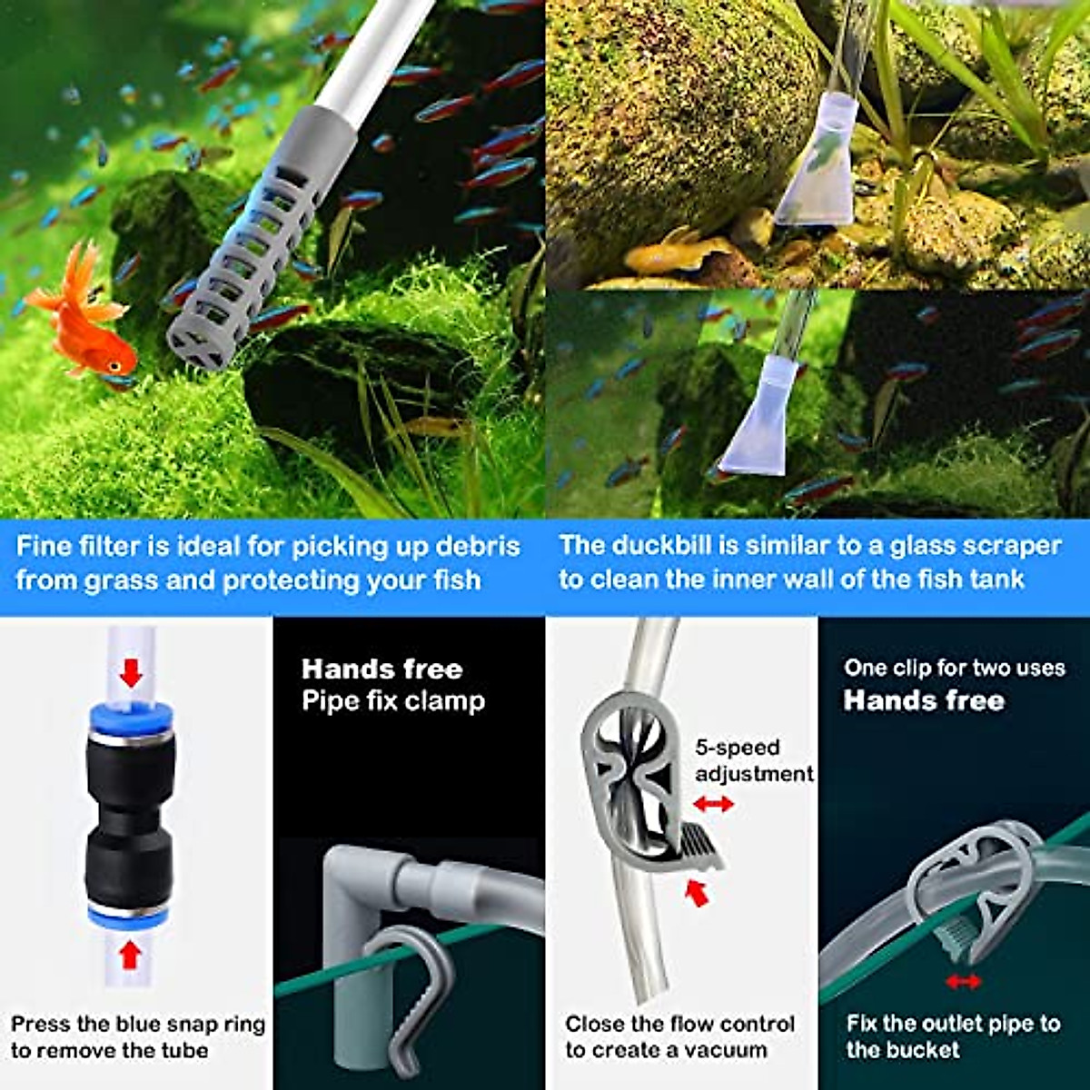 Damrcnn 5 10 Gallon Small Fish Tank Aquarium Vacuum Siphon Pump Gravel Cleaner Water Changer with Long Hose and Coral Feeder Pipettes Dropper Betta Fish Tank Accessories Cleaning Tools kit-Red