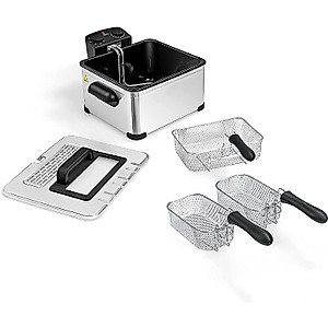 5.3QT Electric Deep Fryer with 3 Baskets, SIMOE 5L Stainless Steel Deep Fryer w/60 timer & Lid with view window, Home Countertop Oil Fryer w/Temperature Control for Kitchen, Party, French Fries