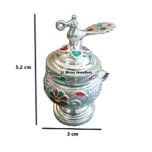 shree jewellers SJ Pure Silver Designer Meenakari Sindoor Dabbi with Peacock Design Lid, Pooja Items for Home, KumKum Round Box Spiritual Gift Item ~ Small Size 5.2 x 3 cm