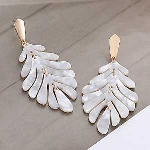 Acrylic Leaf Earrings – Long Statement Leaf Charm Necklace Tortoise Resin Palm Leaf Earrings Fashion Necklaces Earrings for Women(white+earrings)