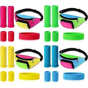Xuniea 4 Set 80s Accessories for Women Workout Set Include Retro 80s Fanny Pack Neon Leg Warmers Headband and Wristbands 80s 90s Party Disco Neon Party cosplay