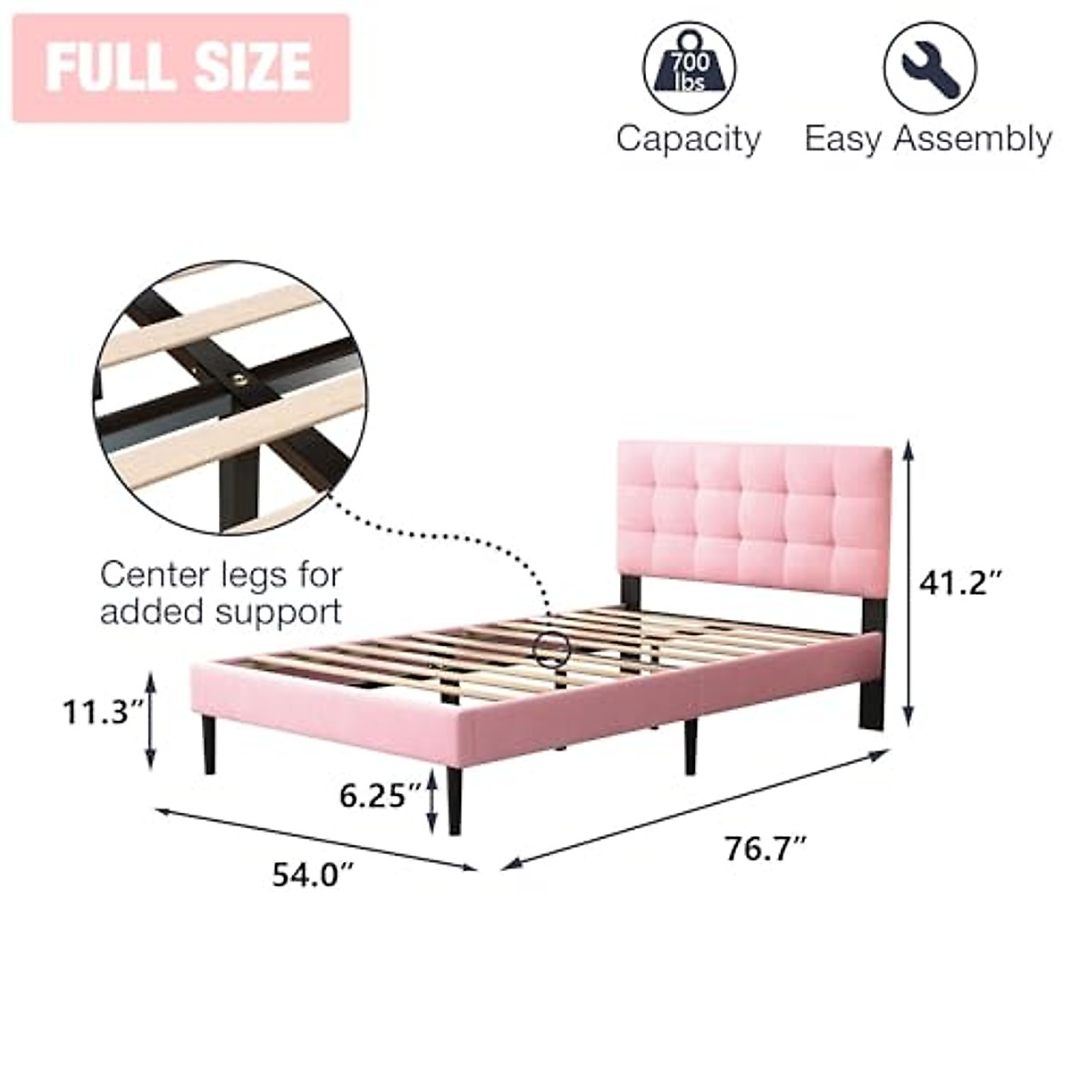 Daznzn Full Size Upholstered Platform Bed Frame, Velvet Bed Frame with Stitched Headboard and Strong Wooden Slat Support, Easy Assembly, No Box Spring Needed, Non-Slip and Noise-Free, Pink