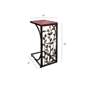 Sofa Side and End Table, Small - Metal, Dark Brown Wood Top With Leaf Design - Perfect for Your Living Room, Slides Up To Sofa / Chair / Recliner - Keep Snacks, Drinks Books & Phone At Easy Reach