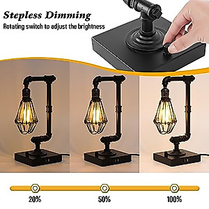 Lodstob Steampunk Lamp, Fully Stepless Dimmable Industrial Table Lamp with Dual USB Ports, Vintage Rustic Desk Lamp for Bedroom, Office, Living Room (Bulb Included)