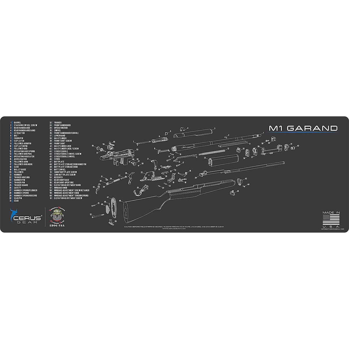 M1 Garand Gun Cleaning Mat - Schematic (Exploded View) Diagram Series Rifle 3 mm Padded Pad Protects Your Firearm Magazines Bench Table Surfaces Oil Solvent Resistant, BLACK