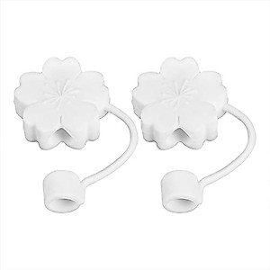 SEWACC 2 Pcs Straw Covers Silicone Straw Caps Reusable Drinking Straw Tips Lids Straw Toppers for Home Office (White Sakura)