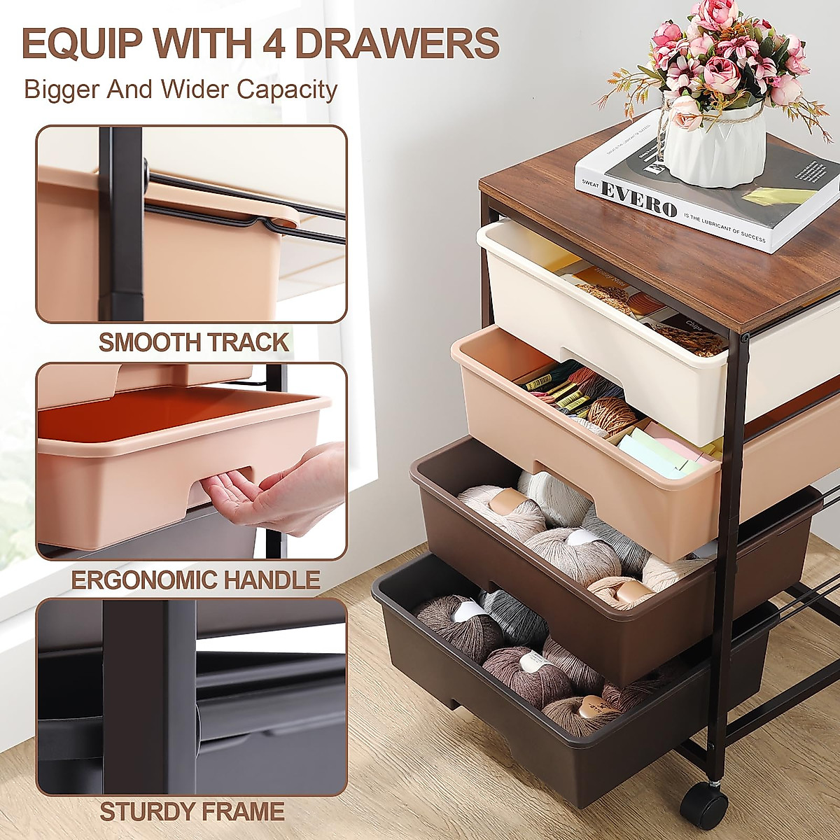 TOOLF Utility Cart with Drawers and Wooden Tabletop,4 Drawers Rolling Storage Cart,Arts and Crafts Organizer Storage Cart for Bedroom,Kid's Room,Dorm,Classroom,Office,Brown