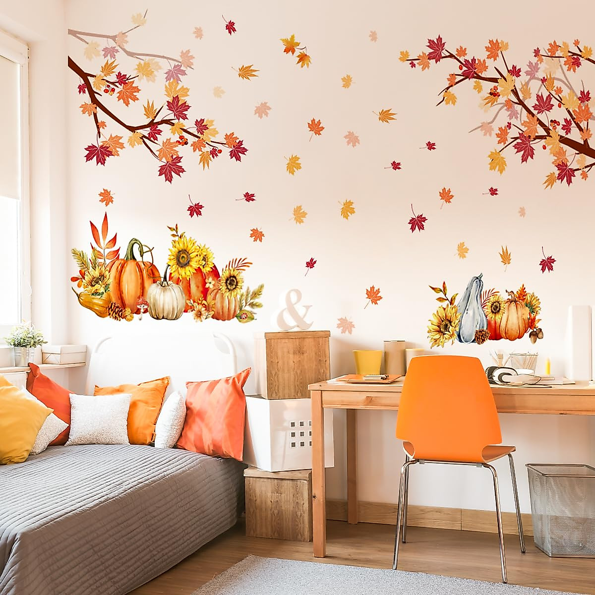 Autumn Fall Leaves Wall Decal Maple Tree Wall Decal DIY Branch Wall Stickers Removable Yellow Leaf Wall Decal for Autumn Holidays Home Classroom Birthday Thanksgiving Harvest Party Decoration
