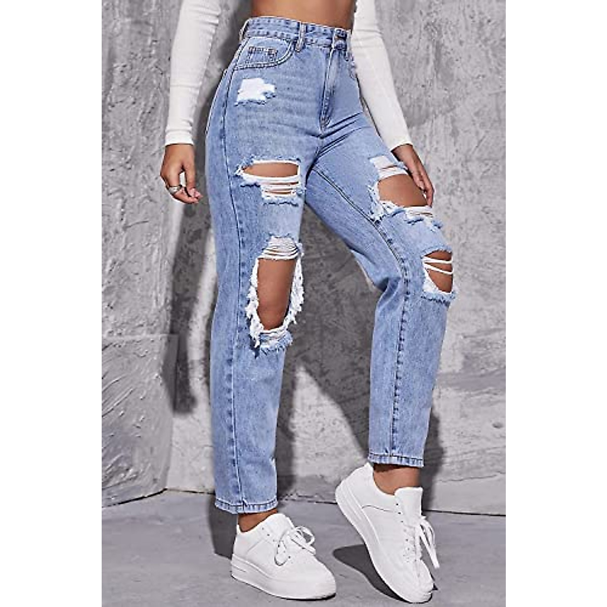 LINUMIN Women's High Waist Straight Leg Ripped Jeans Distressed Denim Pants (Blue, XL)