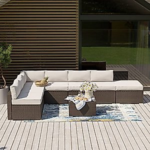 SUNBURY 8-Piece Outdoor Sectional Wicker Sofa in Off White Cushions, Brown Wicker Patio Furniture Set w Glasstop Table & Ottoman for Backyard Garden Porch