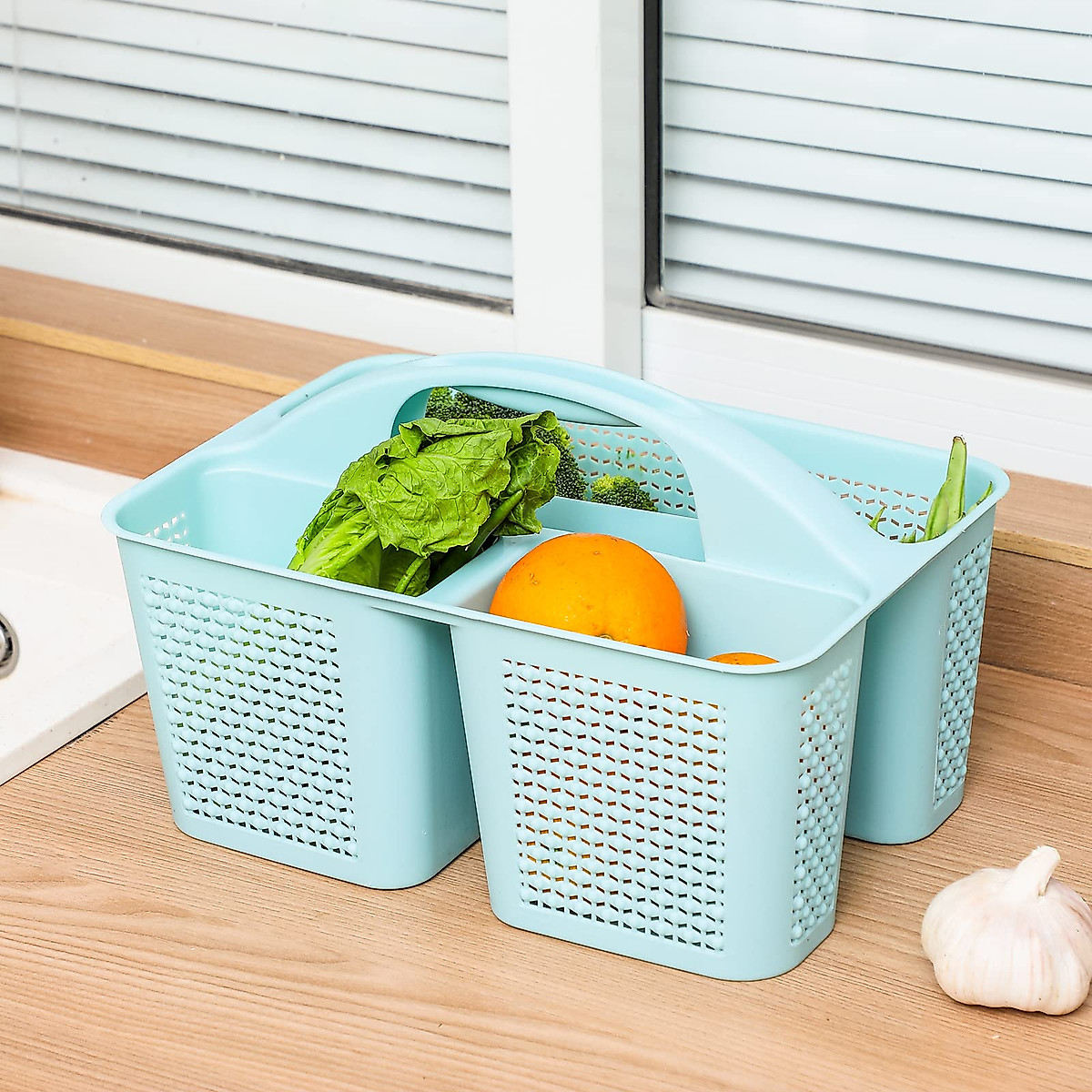 UUJOLY Plastic Portable Shower Caddy Basket Bucket, Cleaning Shower Basket with Handle Compartments Storage Basket Organizer for Bathroom Kitchen College Dorm Sink, Blue