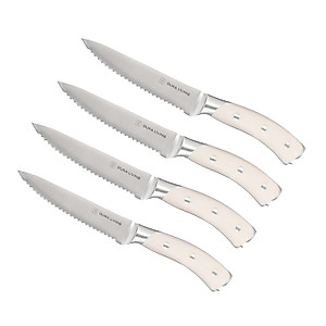 DURA LIVING 4-Piece Serrated Kitchen Steak Knife Set – Forged High Carbon Stainless Steel, Ultra Sharp, Ergonomic Black Handles, Durable Dinner Knives, Cream Handle