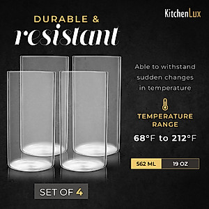 Kitchen Lux Thin Round Drinking Glasses Set of 4-19 oz Tall Water Glasses - Highball Glass Cups Set - Elegant Drinkware - Deluxe Glassware Sets for Sparkling Cocktails, Wine, Beer, Whiskey, Dinner