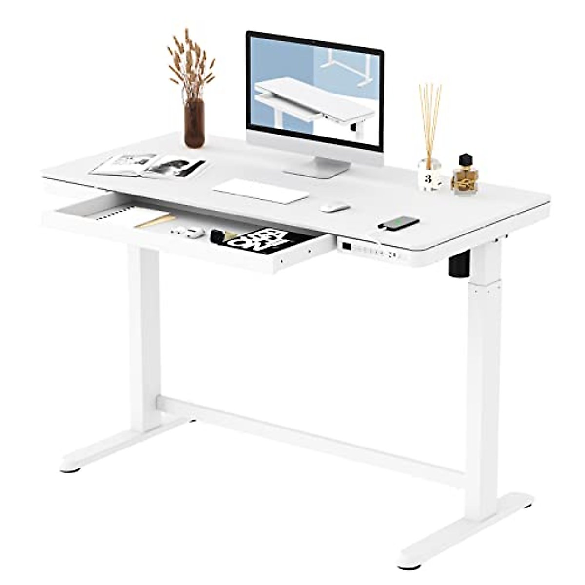 FLEXISPOT EW8 Comhar Electric Standing Desk with Drawers Charging USB A to C Port, Height Adjustable 48" Whole-Piece Quick Install Home Office Computer Laptop Table with Storage (White Top + Frame)