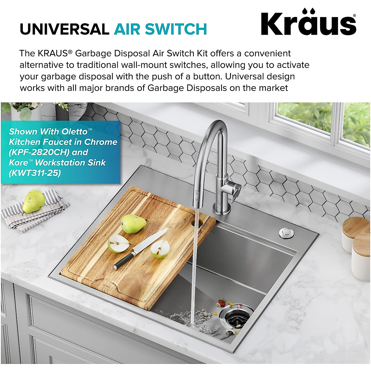 KRAUS Garbage Disposal Air Switch Kit in Spot-Free Stainless Steel with Push Button, AC Adapter, Power Cord, and Air Tube Included, KWDA-100SFS