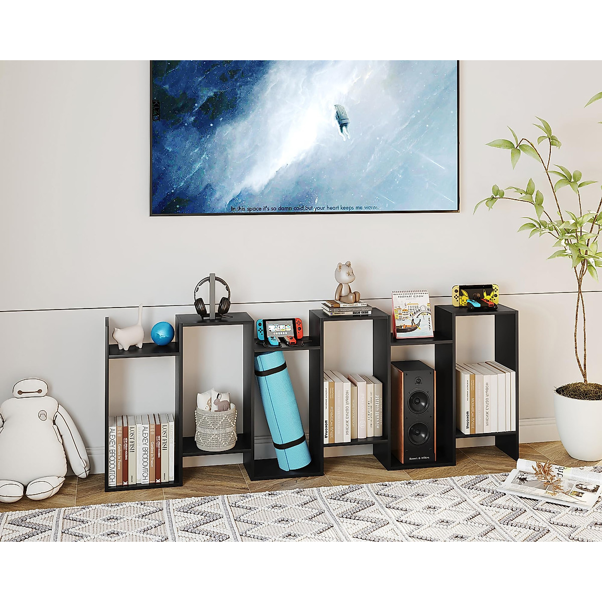 Yusong Bookshelf 6-Tier, Geometric Bookcase S Shaped Book Shelves for Bedroom, Modern Wood Decorative Display Shelf Tall Book Case for Home Office, Black