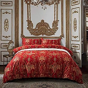 Italian Bohemian Paisley Duvet Cover 3pc Set Boho Bedding Boteh Damask Medallion 400TC Egyptian Cotton Sateen Luxury European Traditional Style Bed Linen (Red Teal, Queen)